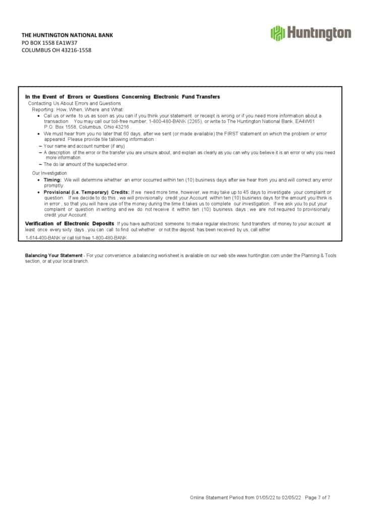 USA Ohio Huntington Bank Statement Word And PDF Template, 7 Pages