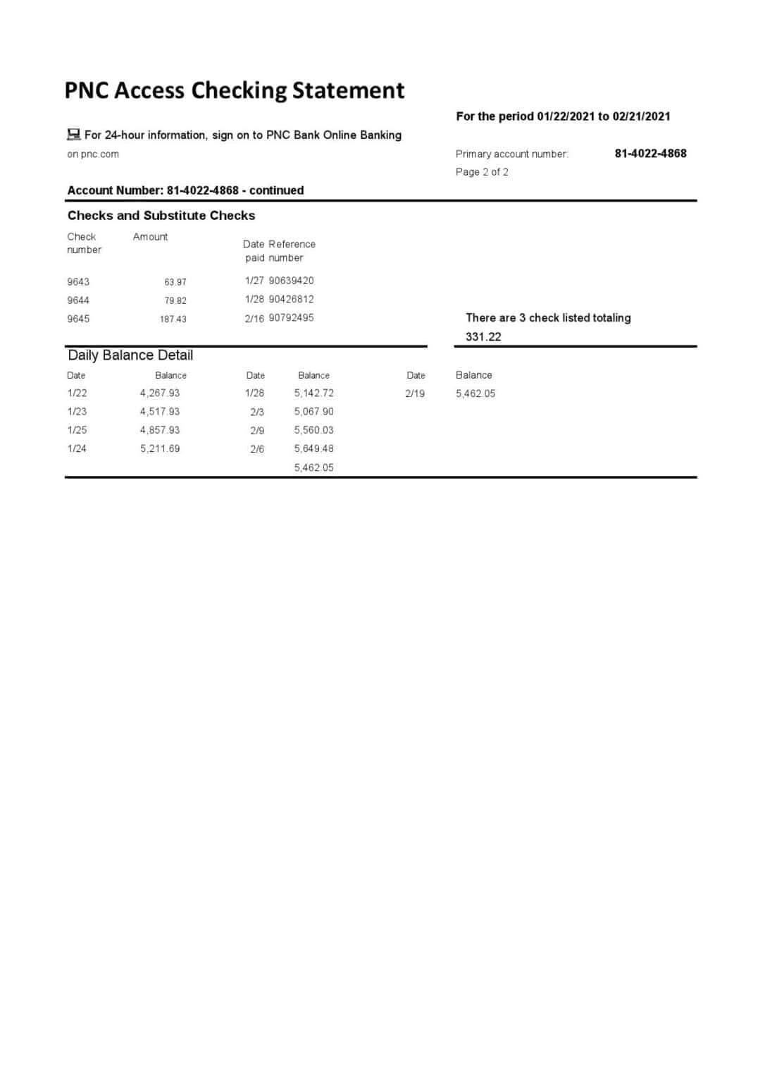USA PNC Bank Statement Template In Excel And PDF Format, 2 Pages