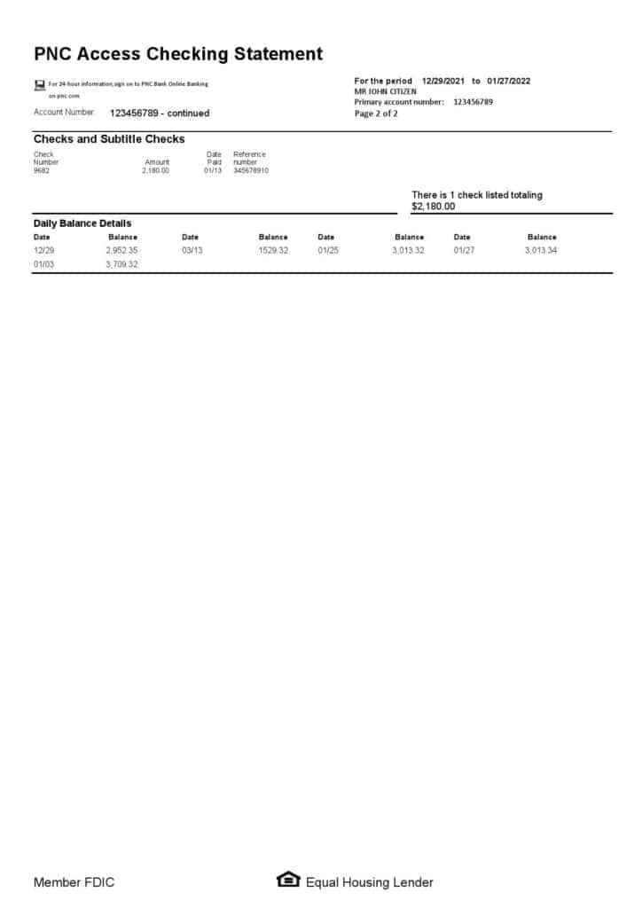 USA PNC Bank Statement, Word And PDF Template, 2 Pages