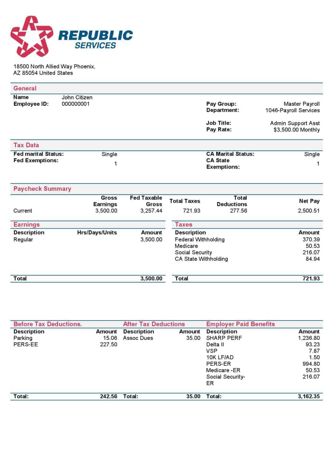 USA Republic Services Waste Management Company Pay Stub Word And PDF ...
