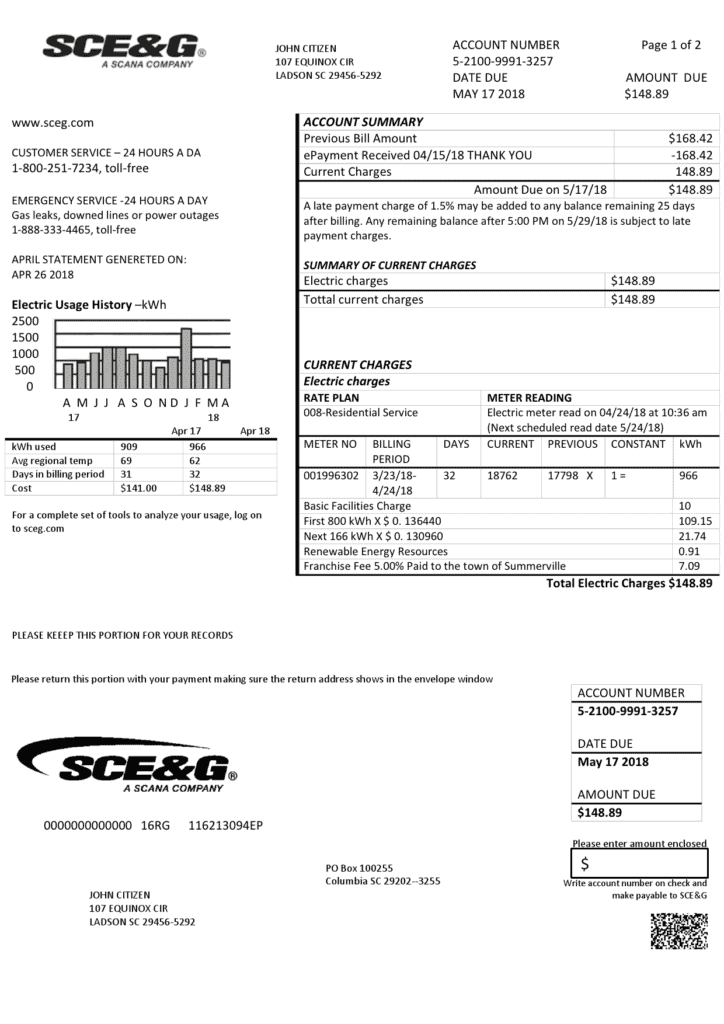 USA South Carolina SCE&G Electricity Utility Bill Template In Word And ...