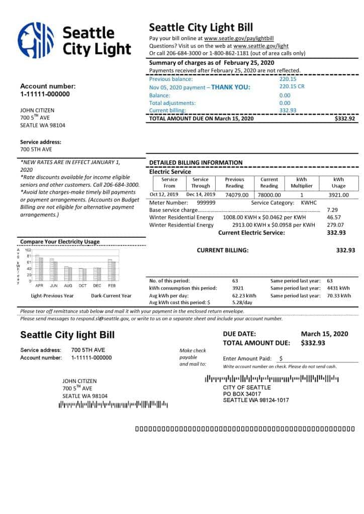 USA Washington Seattle City Light Utility Bill Template In Word And PDF ...
