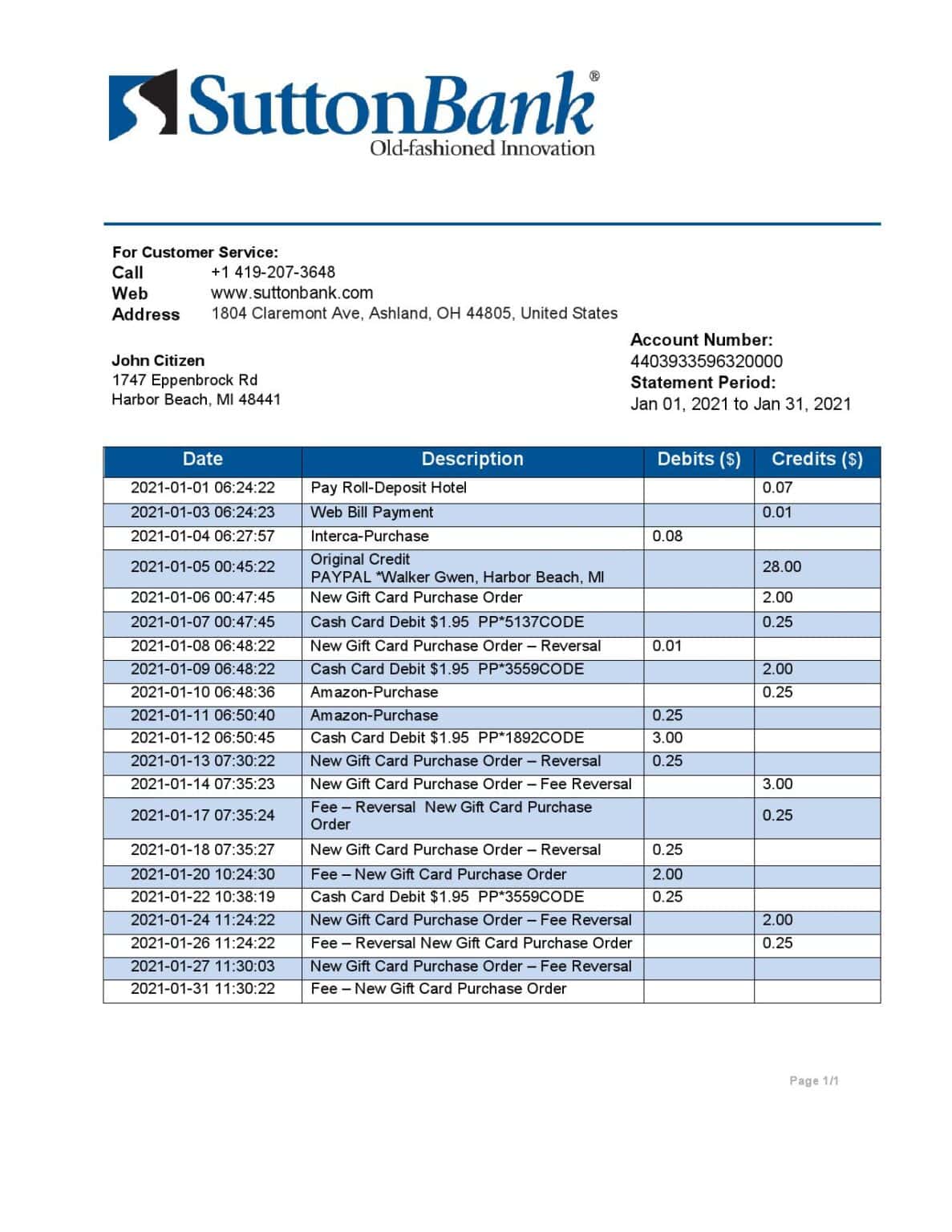 USA Ohio Sutton Bank Statement Template In Word And PDF Format
