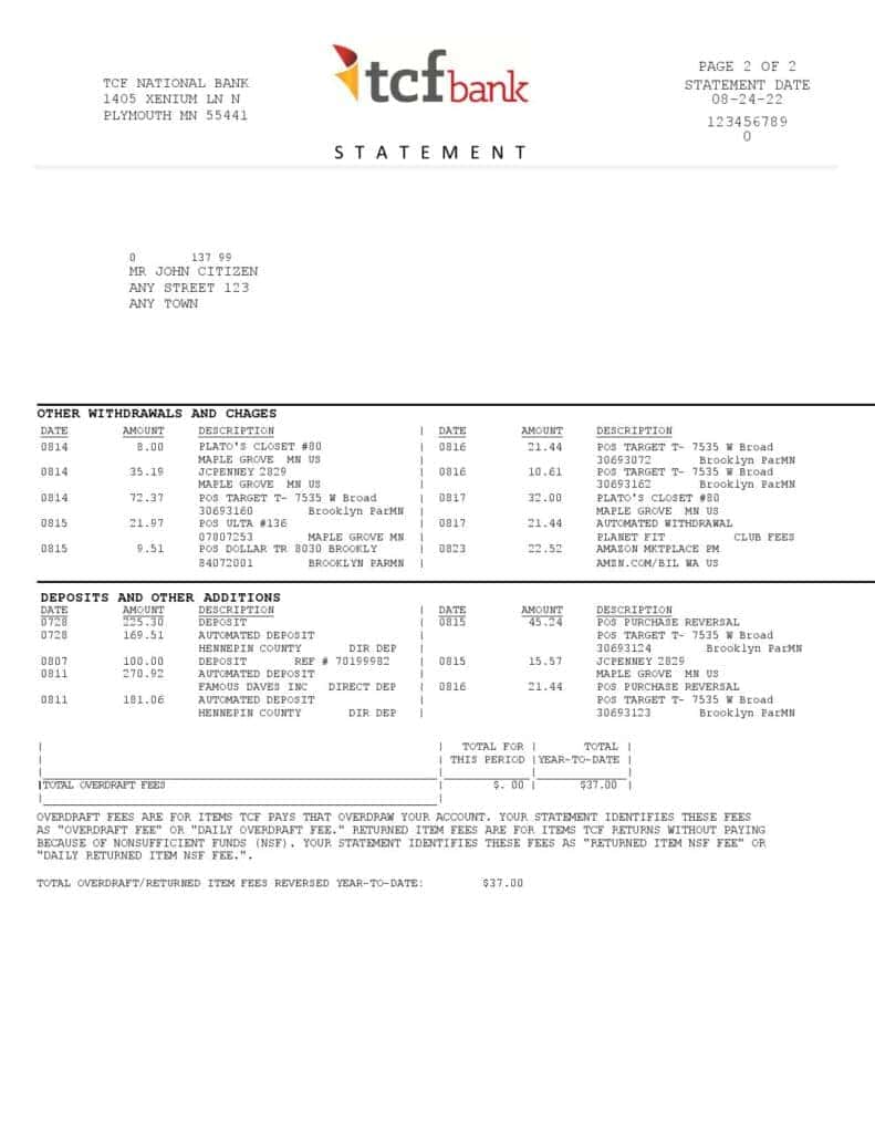 USA TCF Bank Statement, Word And PDF Template, 3 Pages | Mr. Verify