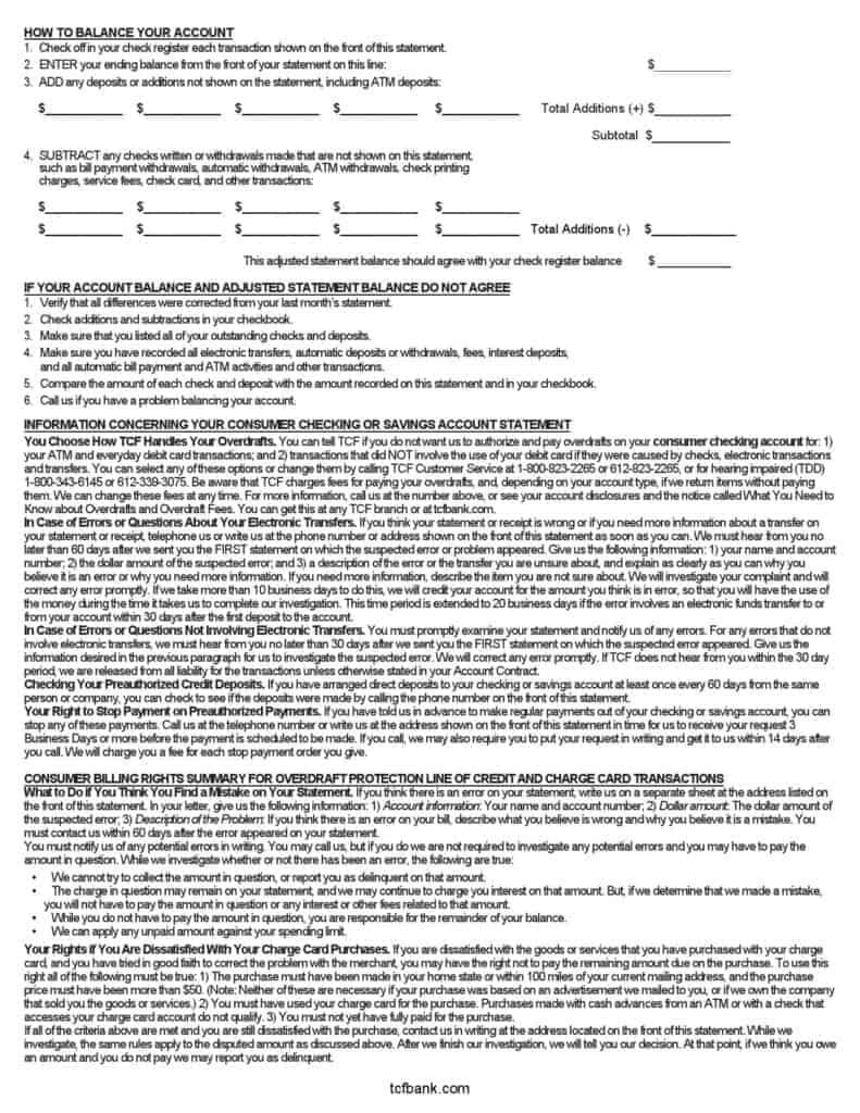 USA TCF Bank Statement, Word And PDF Template, 3 Pages