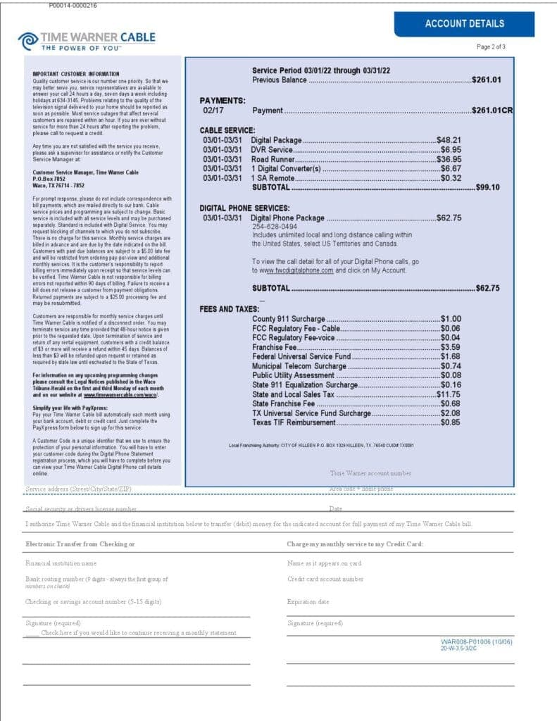 USA Time Warner Cabel Utility Bill, Word And PDF Template, 3 Pages