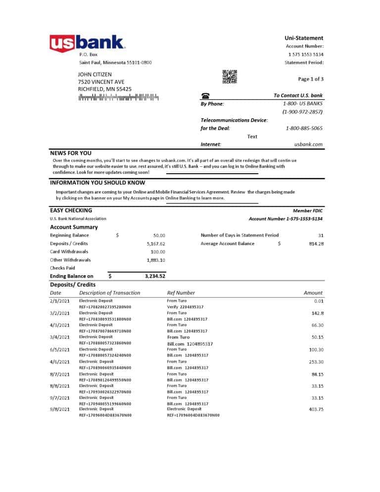 USA U.S. Bank Statement Template In Excel And PDF (.xls And .pdf File ...