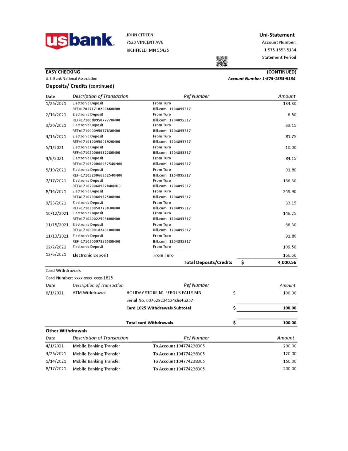 USA U.S. Bank Statement Template In Excel And PDF (.xls And .pdf File ...