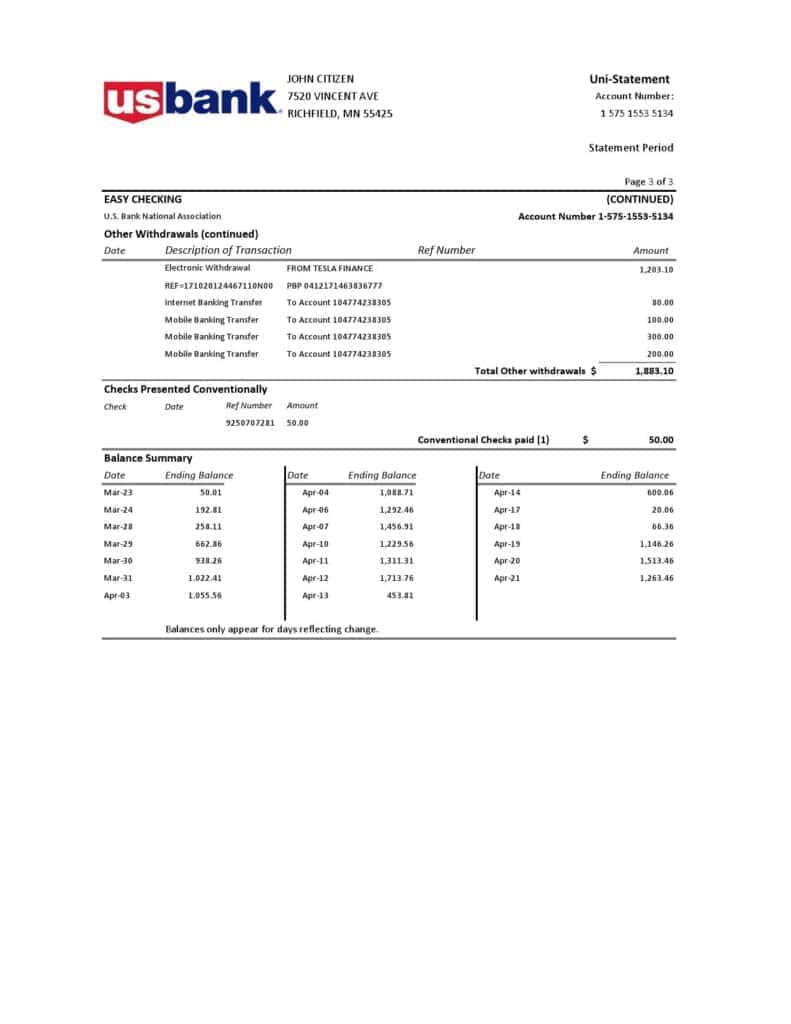USA U.S. Bank Statement Template In Excel And PDF (.xls And .pdf File) Format (3 Pages)