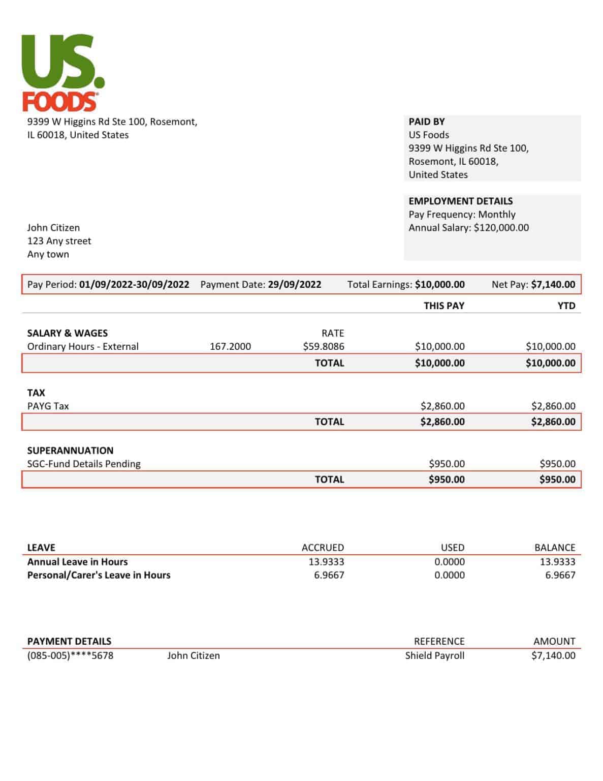 USA US Foods Food Distribution Company Pay Stub Word And PDF Template
