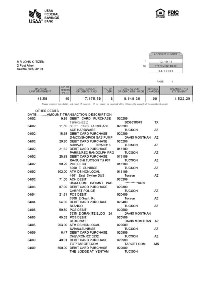 USA USAA Bank Statement Word PDF Template