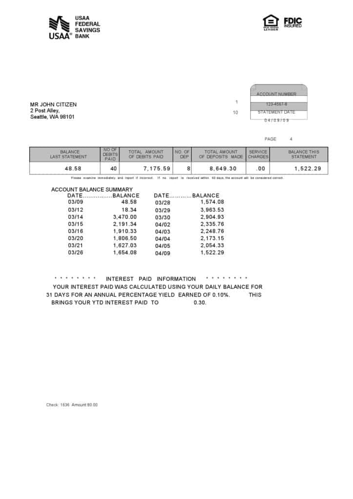 USA USAA Bank Statement Word PDF Template
