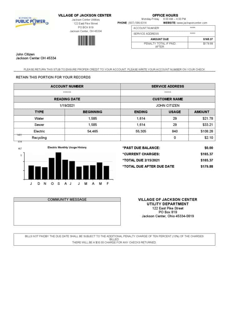 USA Ohio Village Of Jackson Center Public Power Utility Bill Template ...
