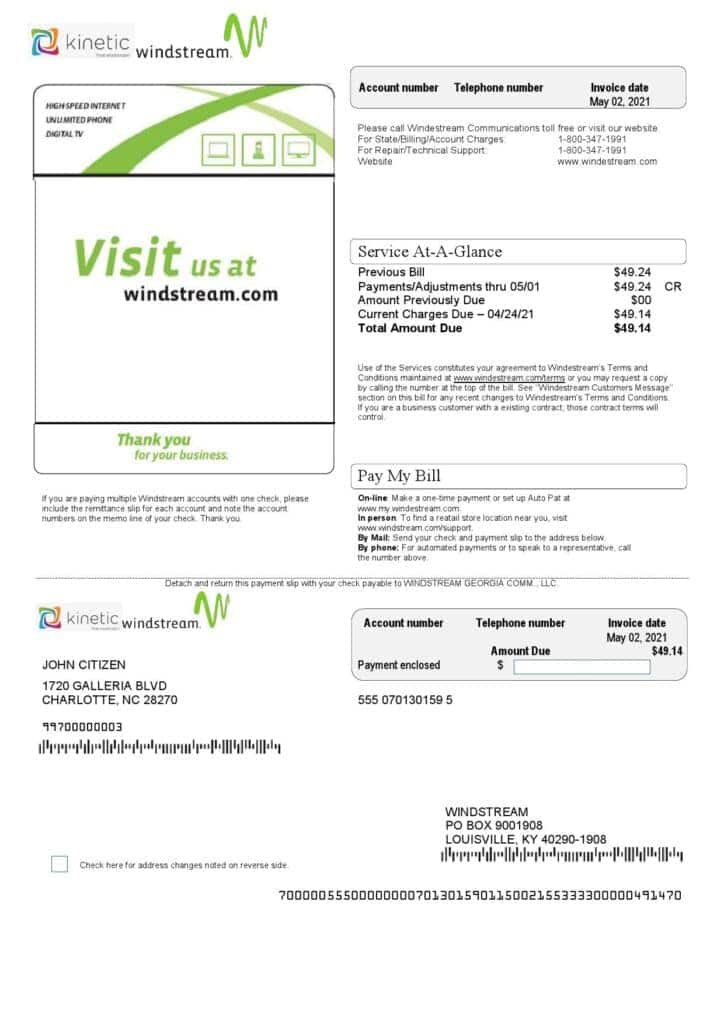 USA Windstream Holdings, Inc. Utility Bill Template In Word And PDF Format