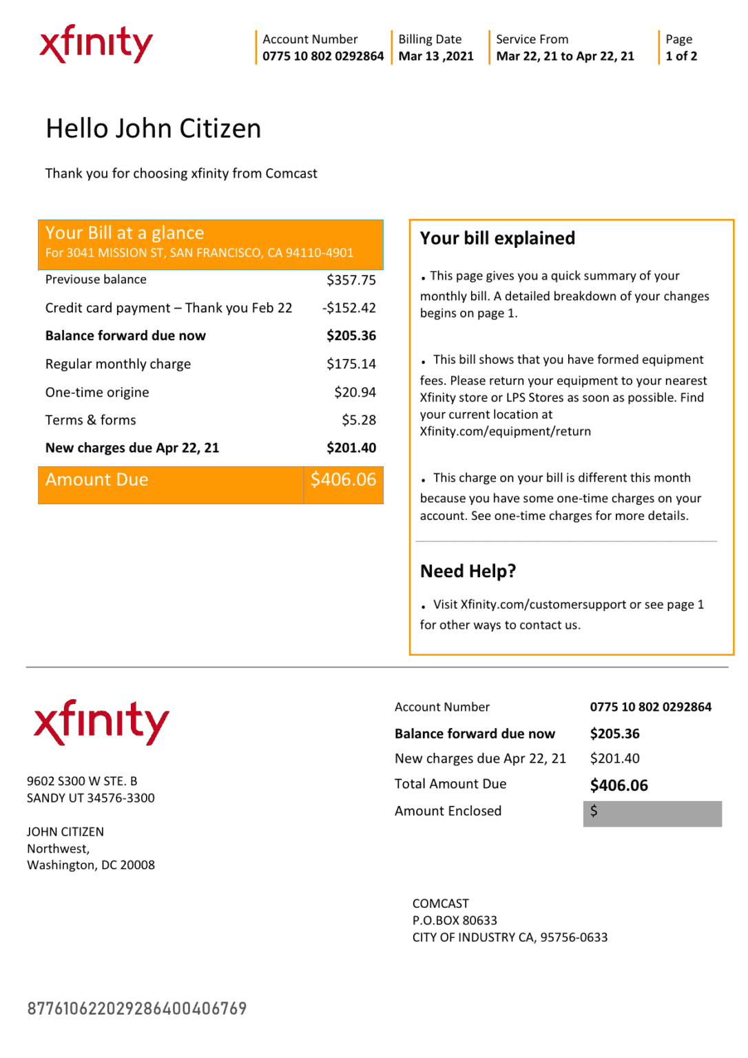 USA San Francisco Xfinity Comcast Utility Bill Template In Word And PDF ...