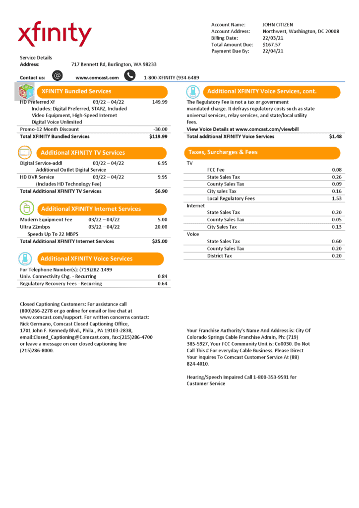 USA San Francisco Xfinity Comcast Utility Bill Template In Word And PDF ...