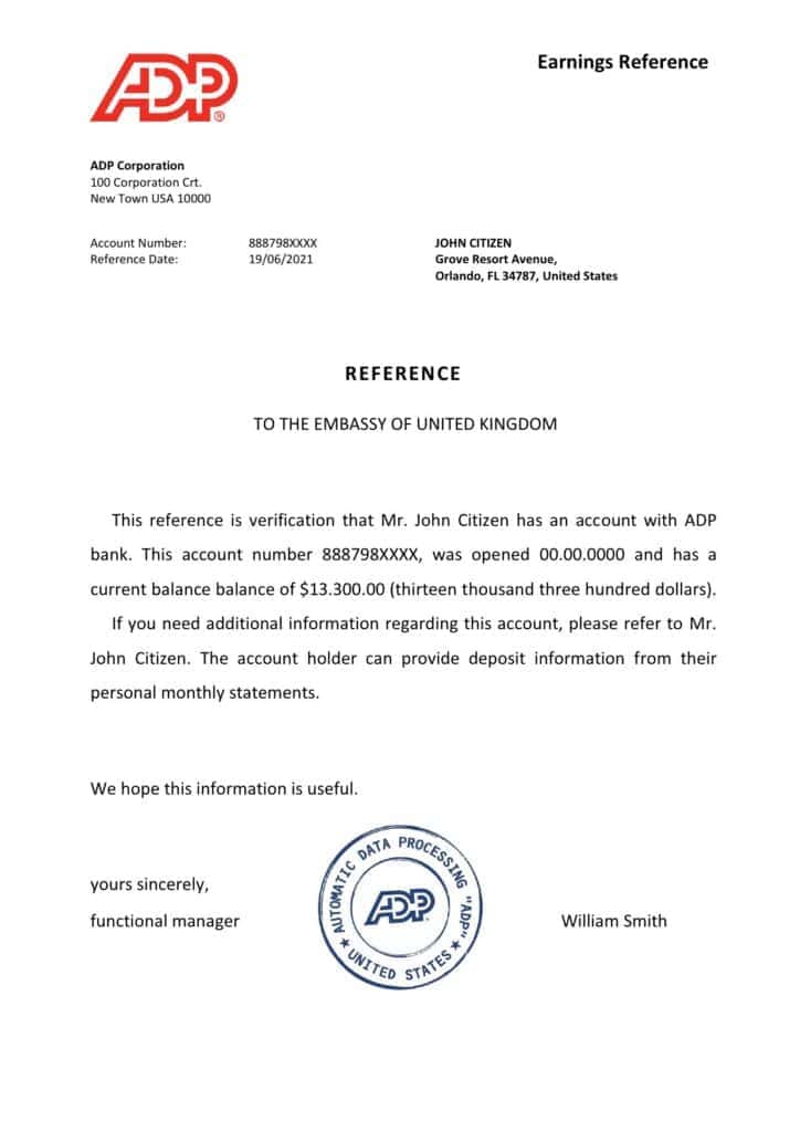 Download USA ADP Bank Reference Letter Templates | Editable Word