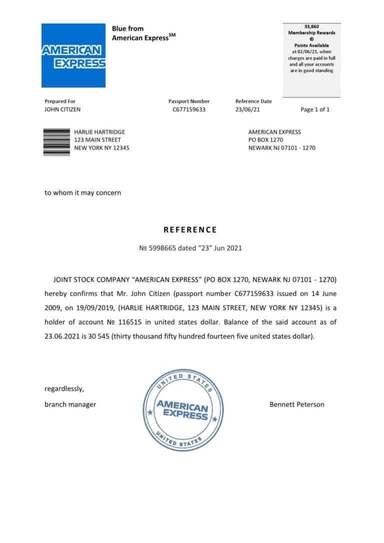 Download USA American Express Bank Reference Letter Templates ...
