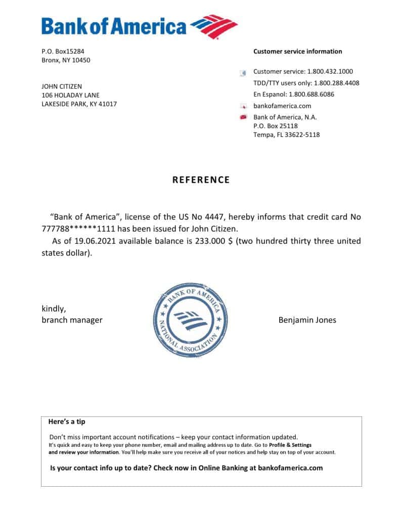 Download USA Bank Of America Bank Reference Letter Templates | Editable ...