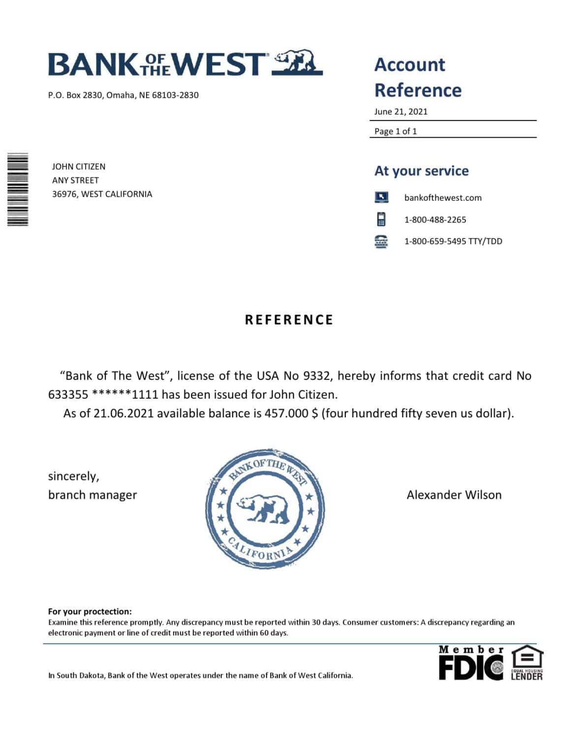 Download USA Bank Of The West Bank Reference Letter Templates ...