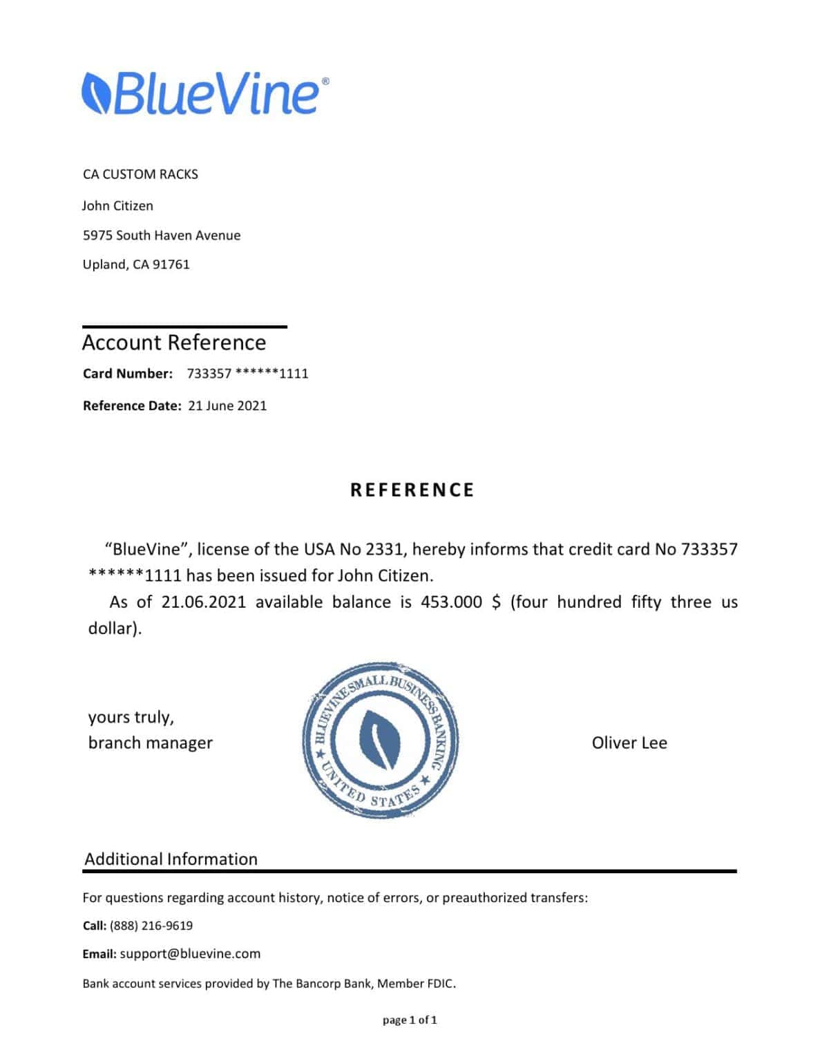Download USA BlueVine Bank Reference Letter Templates | Editable Word