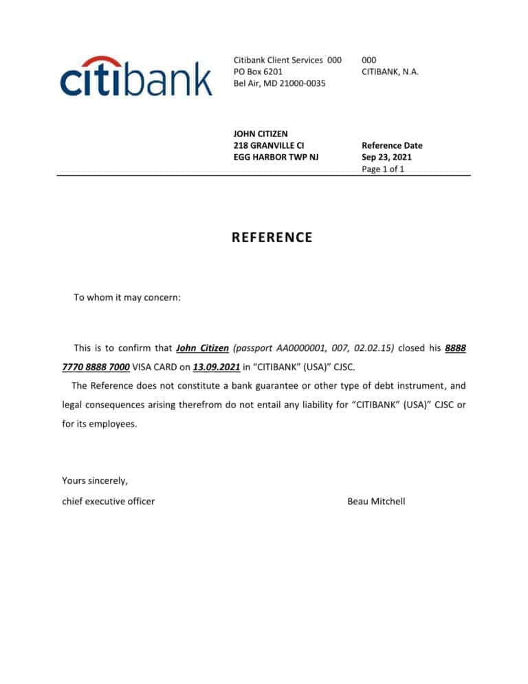 USA Citibank Bank Reference Letter Templates