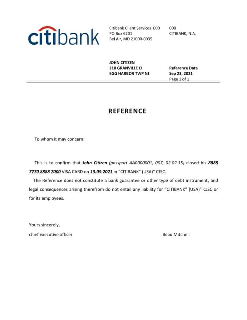 USA Citibank Bank Reference Letter Templates