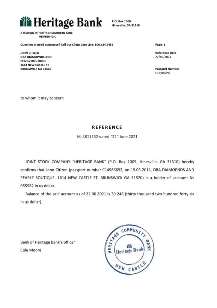 Download USA Heritage Bank Reference Letter Templates | Editable Word