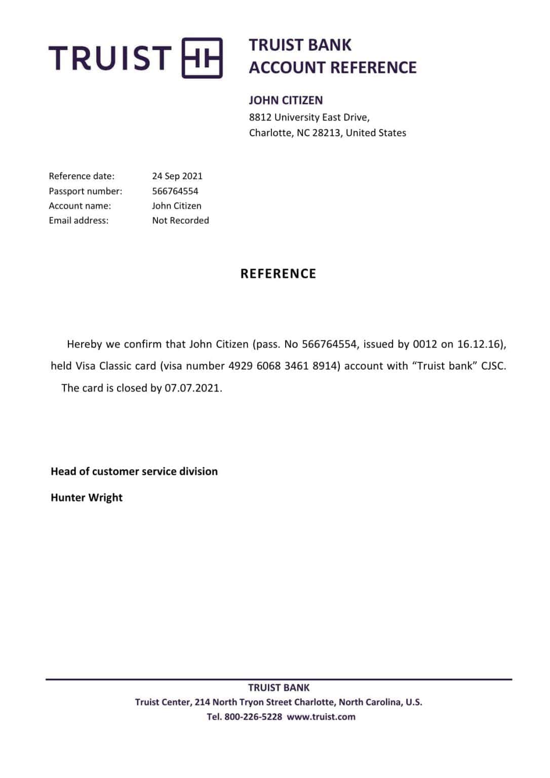 Download USA Truist Bank Reference Letter Templates | Editable Word