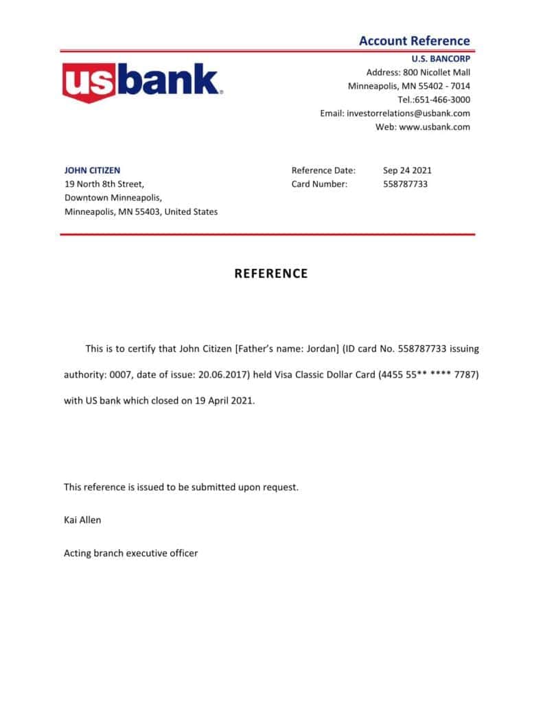 Download USA US Bank Reference Letter Templates | Editable Word