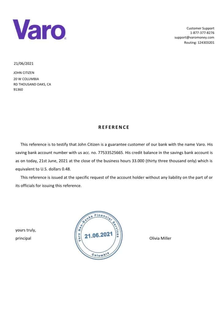Download USA Varo Bank Reference Letter Templates | Editable Word