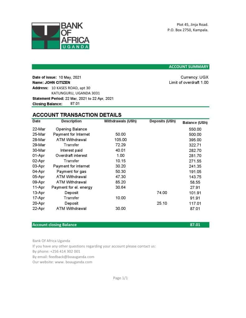 Uganda Bank Of Africa Bank Statement Template In .xls And .pdf File Format