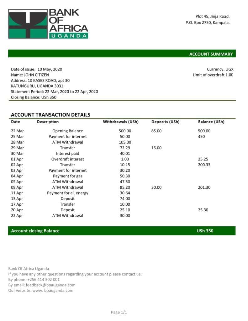 Uganda Bank Of Africa Proof Of Address Bank Statement Template In Word ...