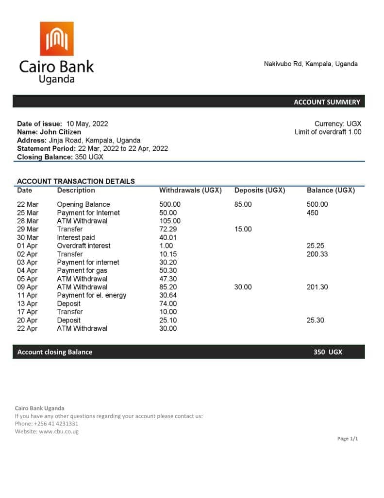 Uganda Cairo Bank Statement Template In Word And PDF Format
