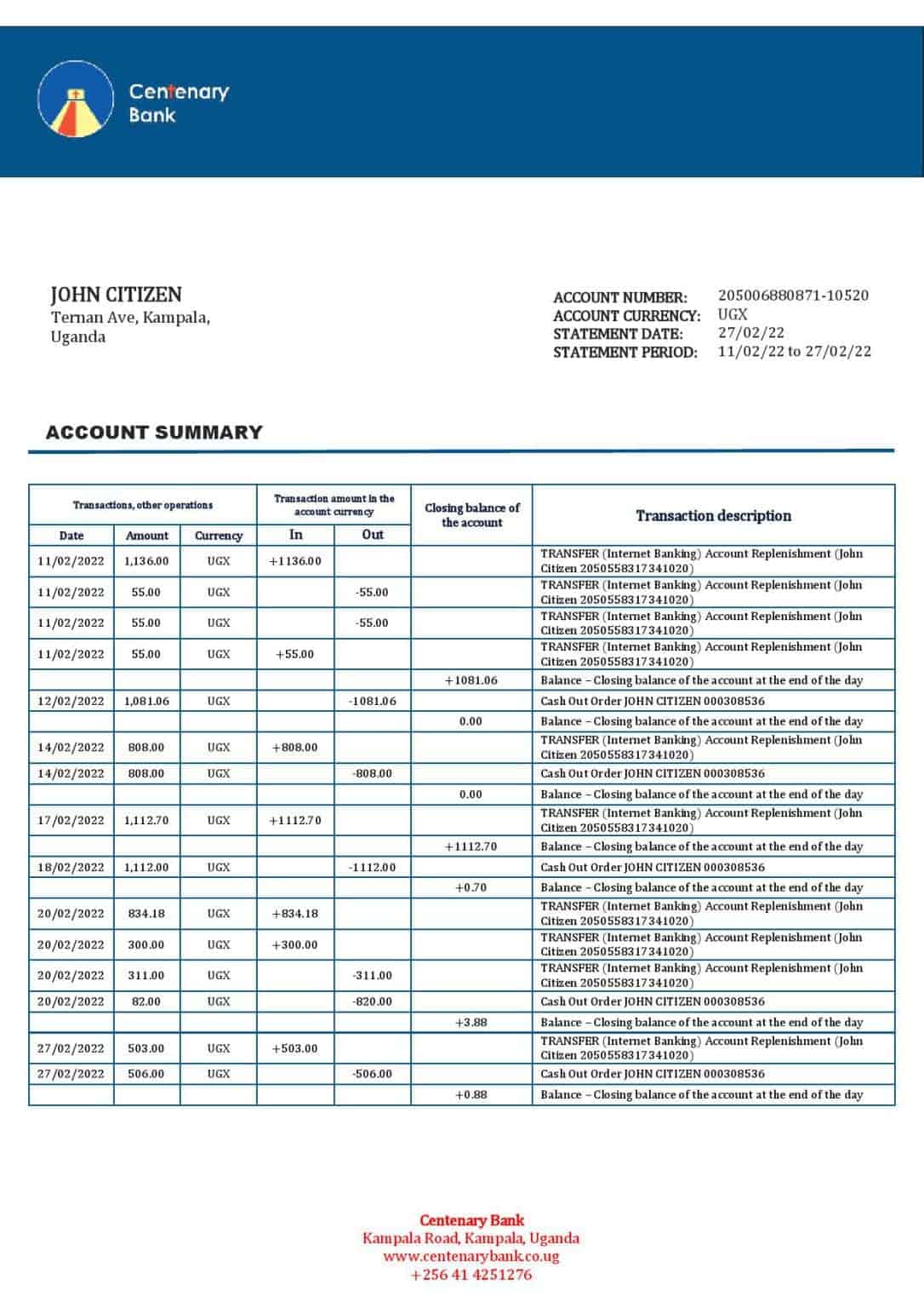 Uganda Centenary Bank Statement Template In Word And PDF Format