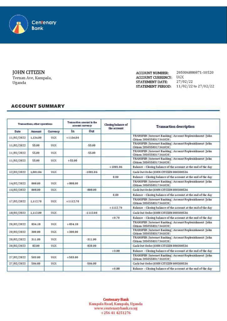 Uganda Centenary Bank Statement Template In Word And PDF Format