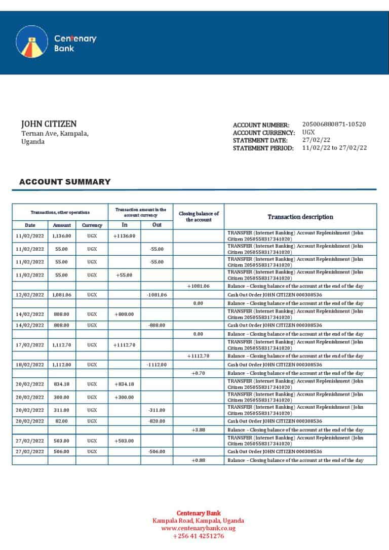 Uganda Centenary Bank Statement Template In Word And PDF Format