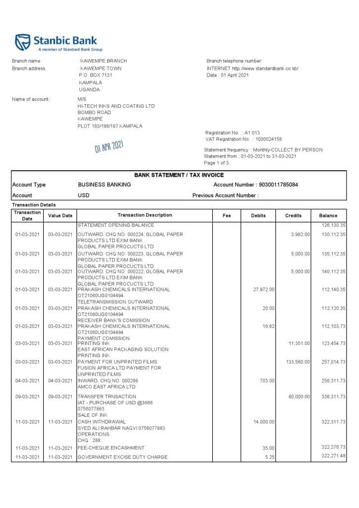 Uganda Stanbic Bank Statement Template In Excel And PDF Format (3 Pages)