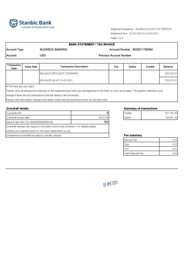 Uganda Stanbic Bank Statement Template In Excel And PDF Format (3 Pages)