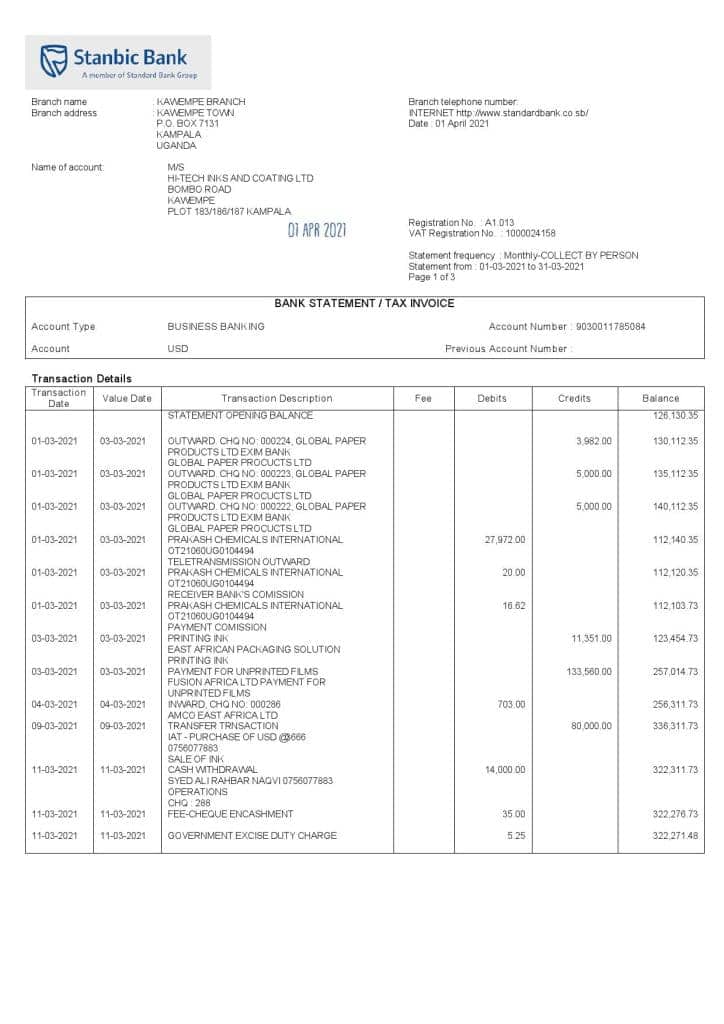 Uganda Stanbic Bank Statement Template In Word And PDF Format (3 Pages)
