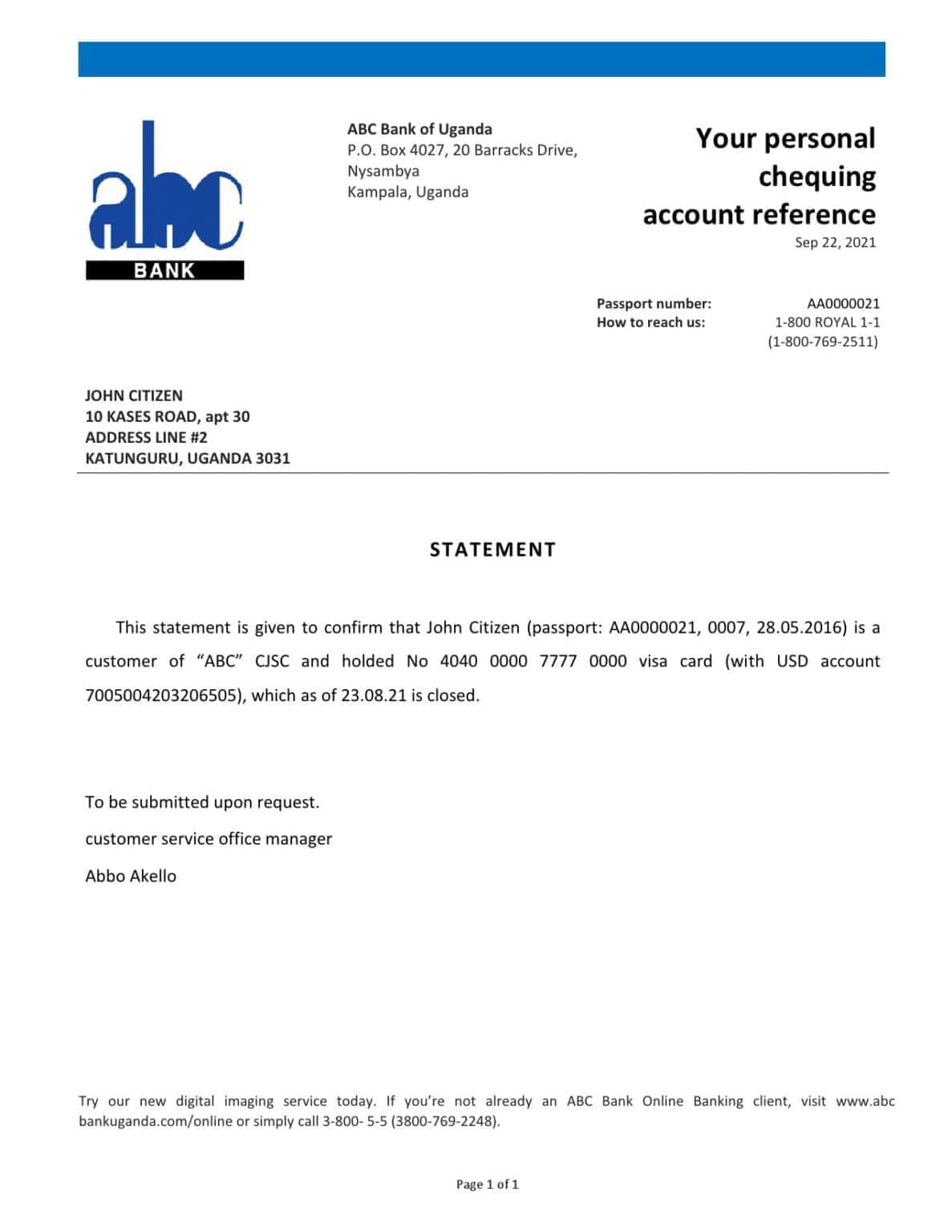 Download Uganda ABC Bank Reference Letter Templates | Editable Word