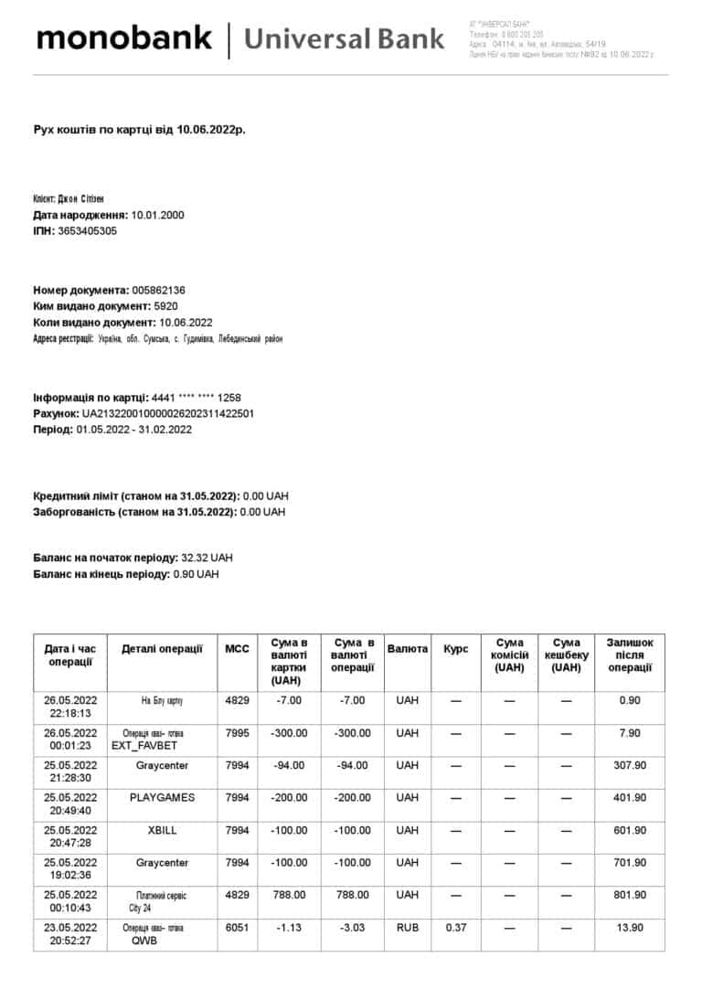 Ukraine Monobank Bank Statement, Word And PDF Template, 3 Pages