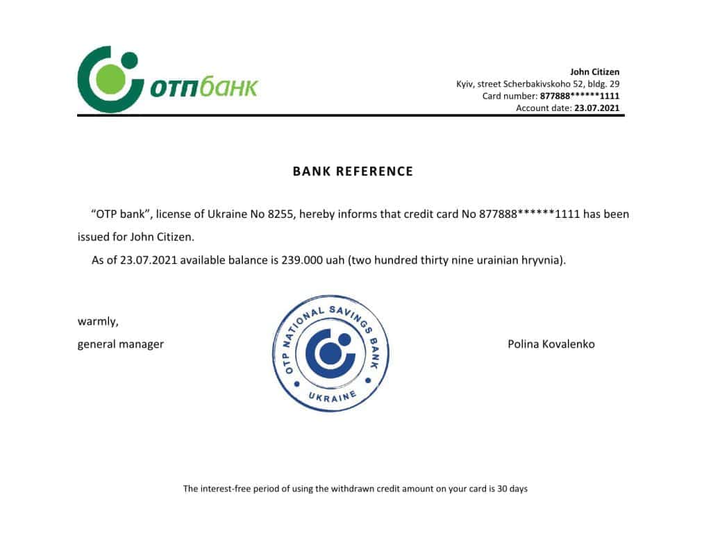 Download Ukraine OTP Bank Reference Letter Templates | Editable Word