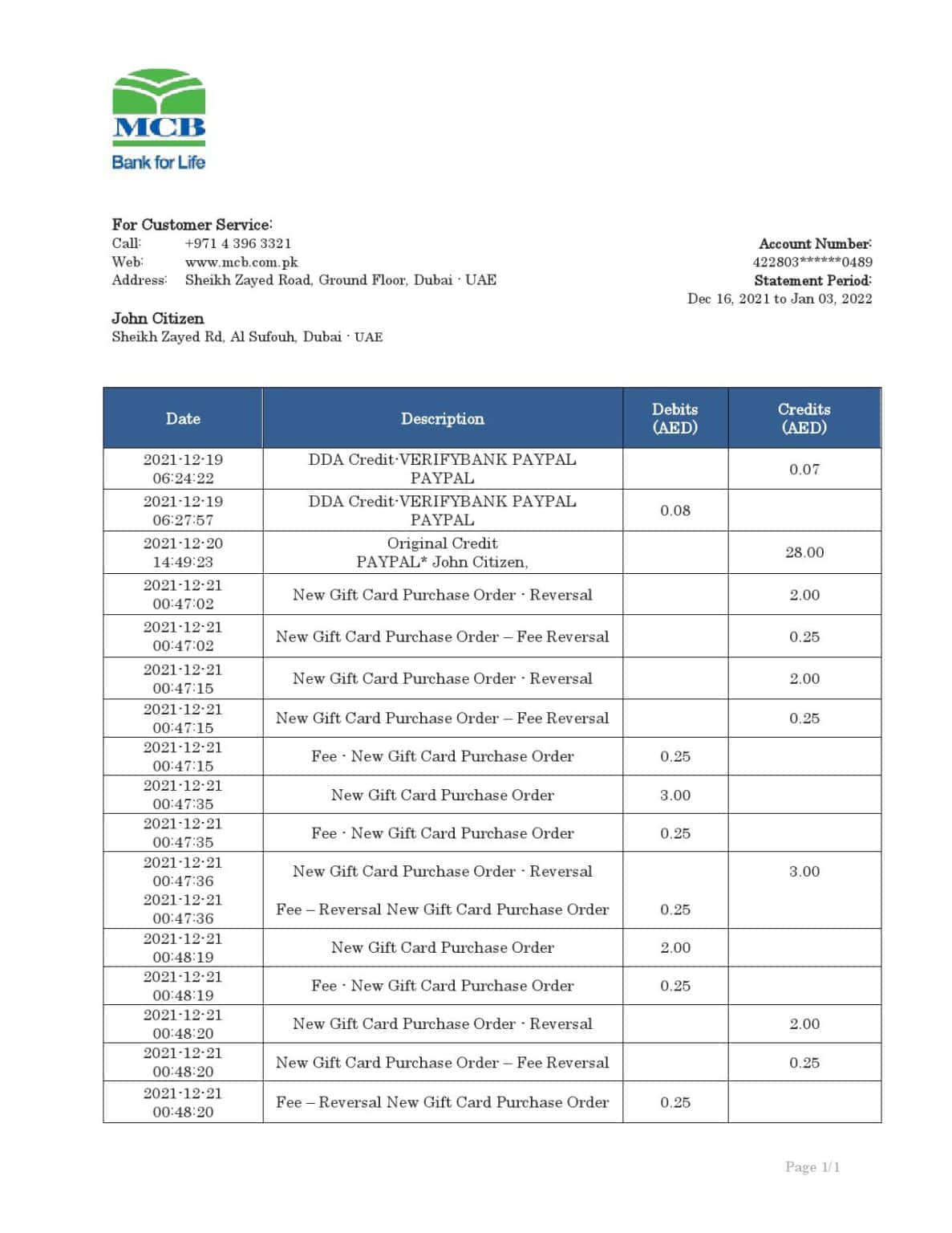 United Arab Emirates MCB Bank Statement Template In Word And PDF Format