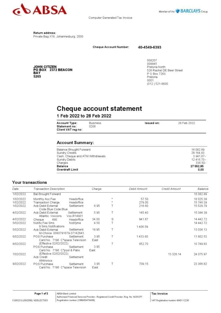 United Kingdom Absa Bank Statement, Word And PDF Template, 2 Pages | Mr ...