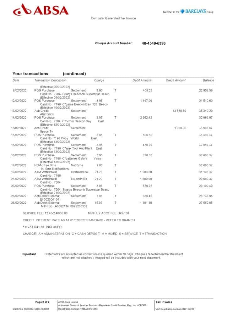 United Kingdom Absa Bank Statement, Word And PDF Template, 2 Pages | Mr ...