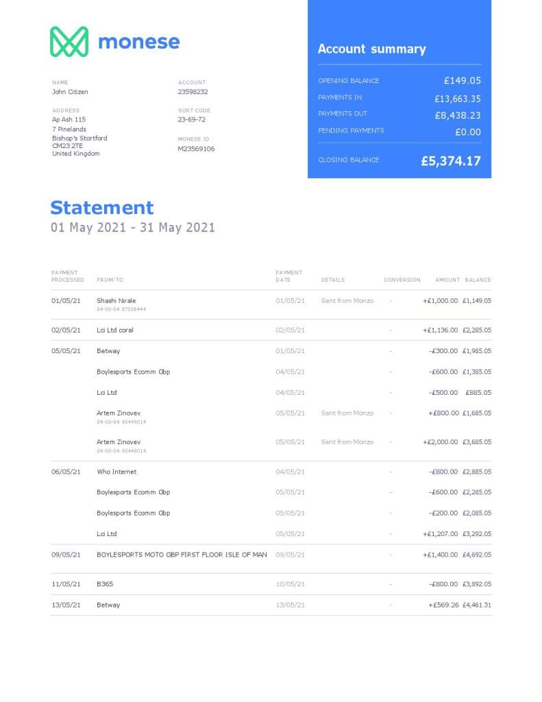 United Kingdom Monese Bank Statement Template In Word And PDF Format, 2 ...