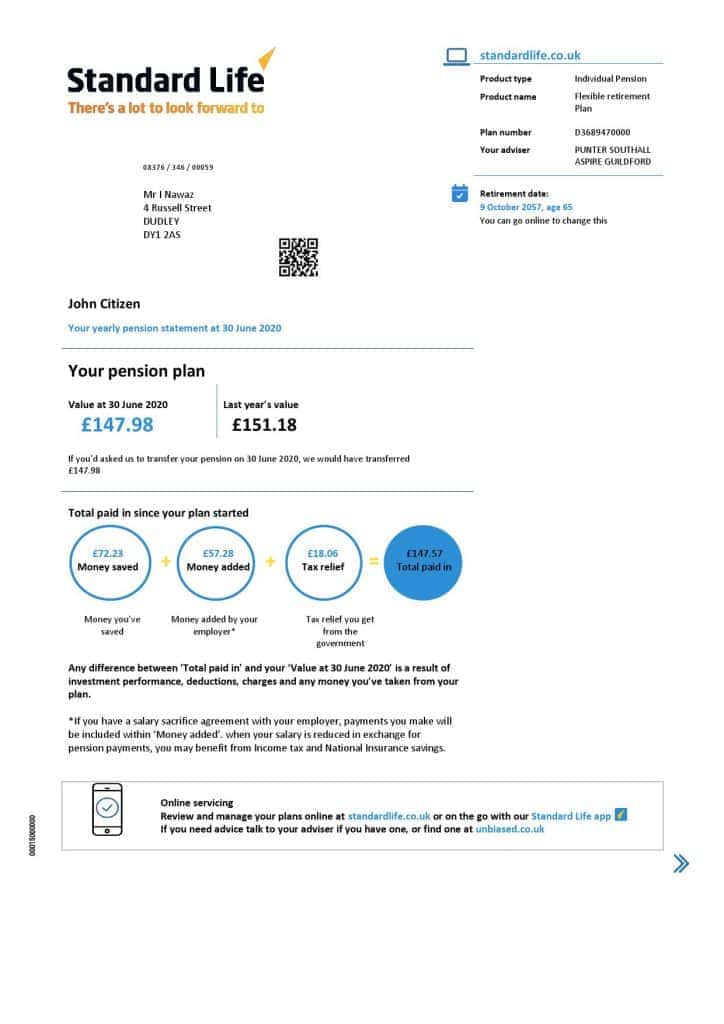United Kingdom Standard Life Proof Of Address Pension Statement In ...