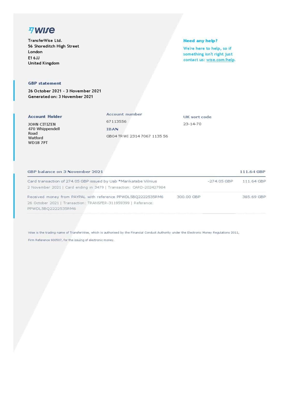 United Kingdom Wise Bank Statement Template In Word And PDF Format