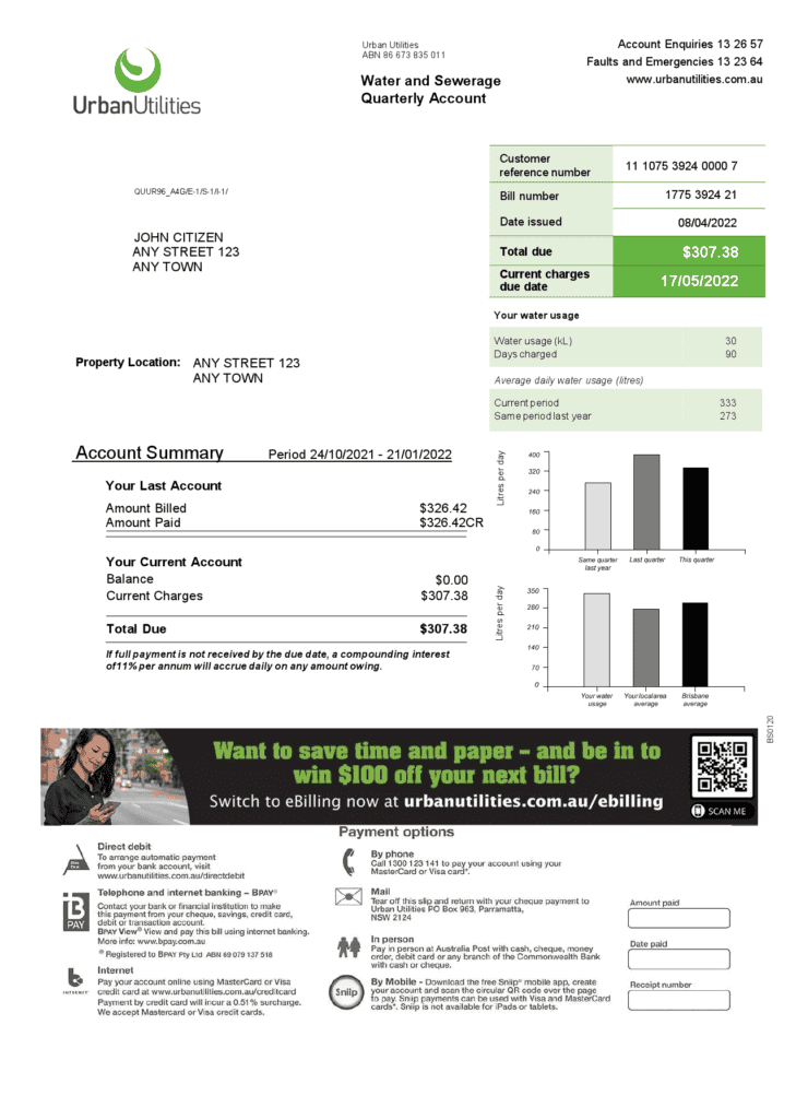Australia Urban Utilities .doc And .pdf Utility Bill Template